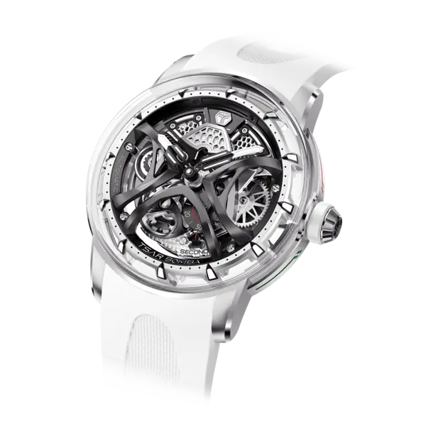 TSAR BOMBA Skunk Works Collection — A Automatic Mechanical Watch That Fuses Trendy Aesthetics With Luxurious Elegance. Featuring A Round Dial With A Bold Skeleton Design, It Is Elevated A Domed Sapphire Crystal And Equipped With A Fluoroelastomer Strap, All Completed Perfect Water Resistance - White
