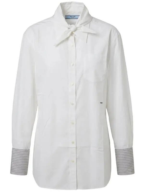 Prada Cotton Shirt With Knot Detail And Striped Cuffs - White