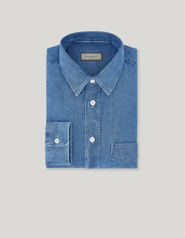 Canali Stonewashed Cotton Denim Relaxed-fit Shirt - Light Blue