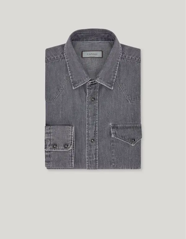Canali Gray Stonewashed Cotton Denim Regular-fit Western Shirt