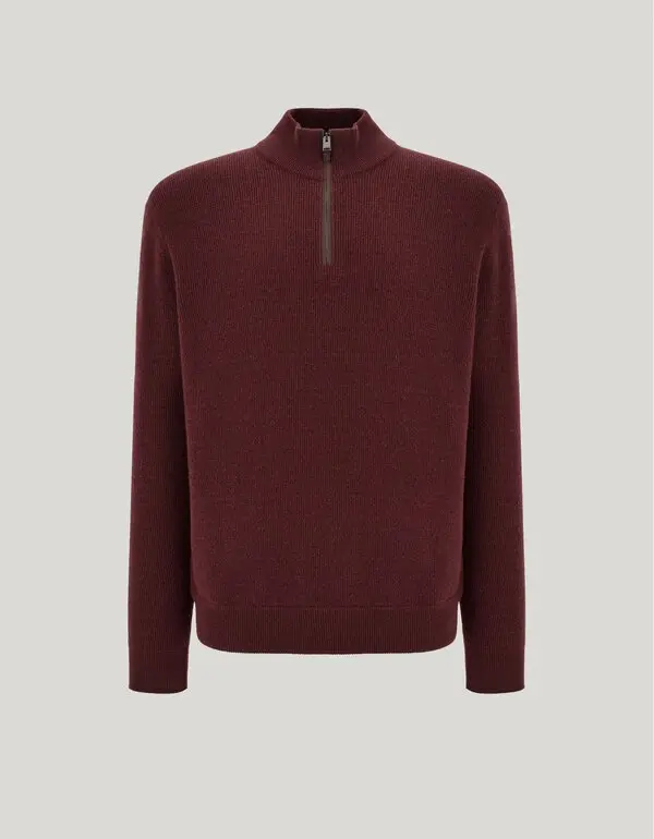 Canali Burgundy Wool And Cashmere Zippered Polo Shirt With Nubuck Details - Red