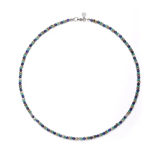 SEVEN SAINTS Silver / Blue / Grey Blue Sage Talisman Necklace, Jasper, Lapis Lazuli, Turquoise, Rhodium, Spiritual Healing Necklace - Silver/blue/grey