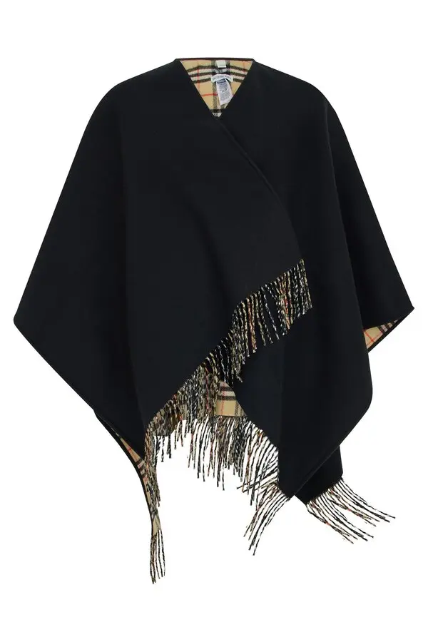 Burberry Wool Cape Scarf With Decorative Fringes - Black