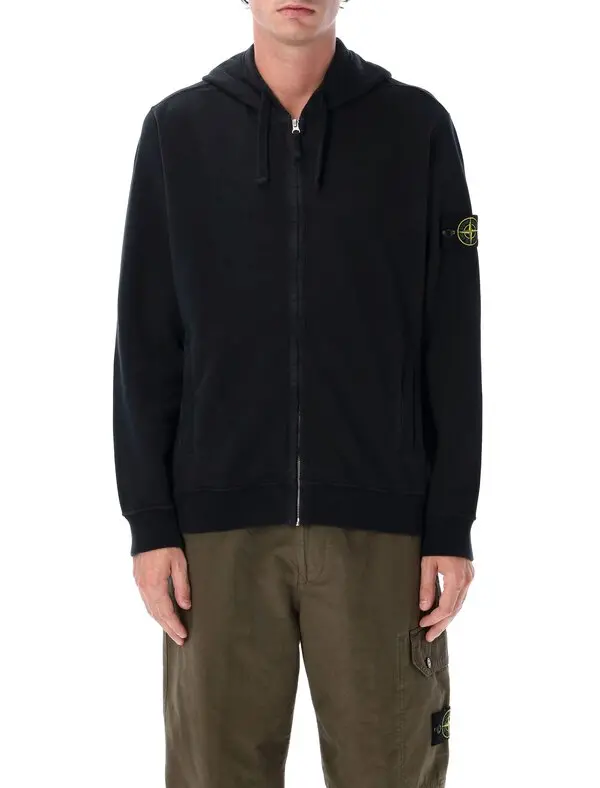 Stone Island Brushed Organic Cotton Full-zip Hoodie With Drawstring Hood And Sleeve Badge - Nero