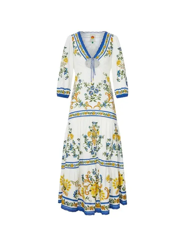 Farm Rio Floral Print Midi Dress With V-neck Drawstring And Three-quarter Sleeves - Bianco