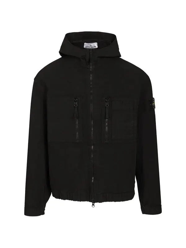 Stone Island Hooded Organic Cotton Ripstop Overshirt With Vertical Zip Pockets