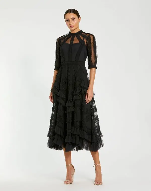 Mac Duggal Petite High Neck Ruffle Tiered A-line Midi Dress - Black