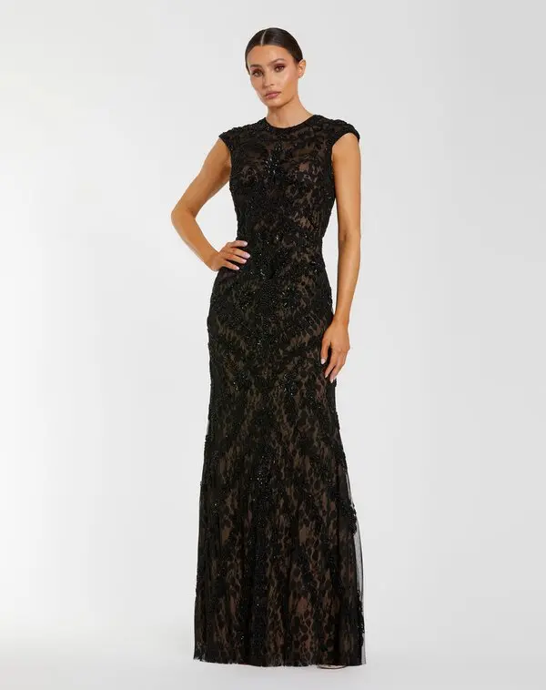 Mac Duggal Petite Embellished Lace Cap Sleeve Evening Gown