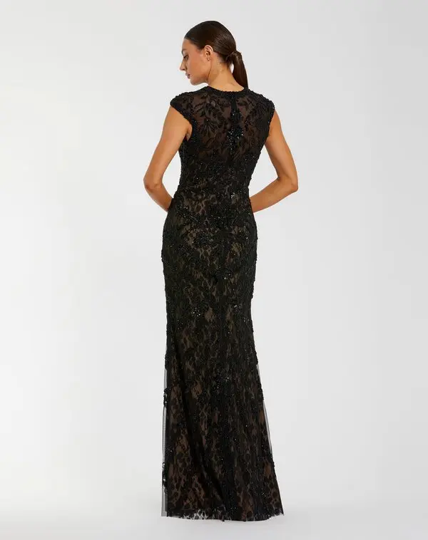 Mac Duggal Petite Embellished Lace Cap Sleeve Evening Gown