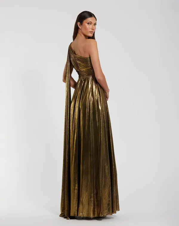 Mac Duggal Metallic One Shoulder Gown With Slit