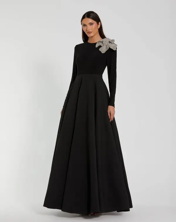 Mac Duggal Petite Long Sleeve Ball Gown With Rhinestone Flower - Black