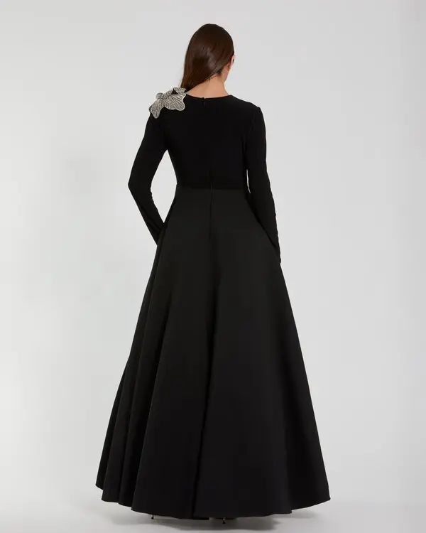 Mac Duggal Petite Long Sleeve Ball Gown With Rhinestone Flower Detail