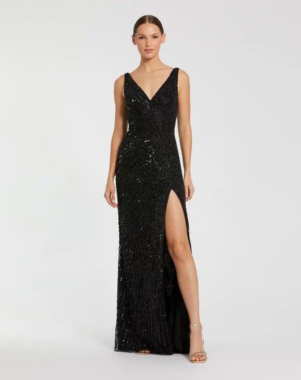 Mac Duggal Beaded Floral Sleeveless Gown - Black