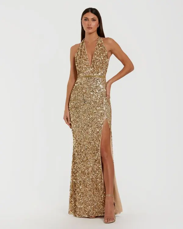 Mac Duggal Sequined Halter Column Gown - Gold