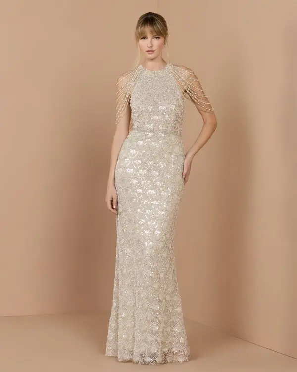 MAC DUGGAL COLLECTION Draped Pearl Embellished Column Gown
