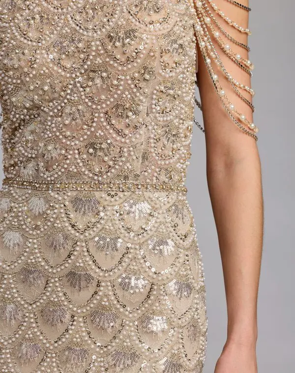 MAC DUGGAL COLLECTION Draped Pearl Embellished Column Gown