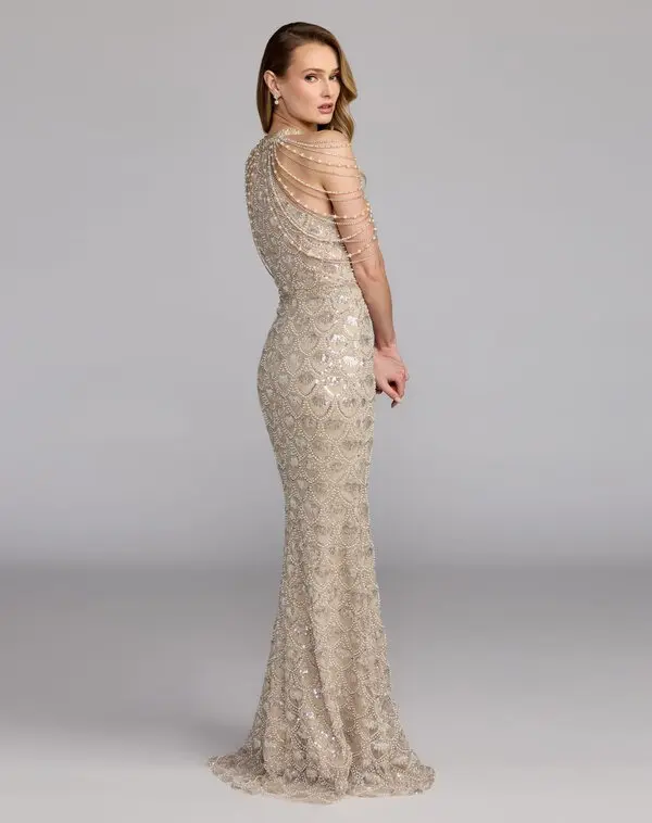 MAC DUGGAL COLLECTION Draped Pearl Embellished Column Gown