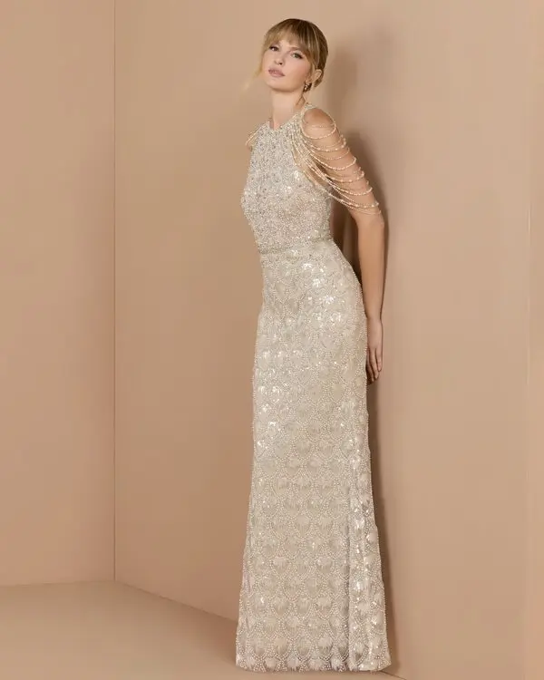 MAC DUGGAL COLLECTION Draped Pearl Embellished Column Gown