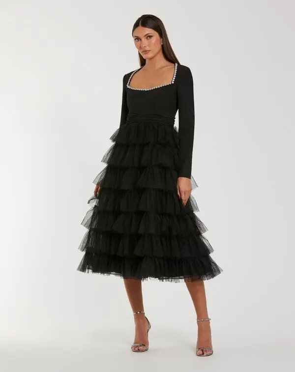 Mac Duggal Crystal Trim Long Sleeve Tiered Tulle Midi Dress