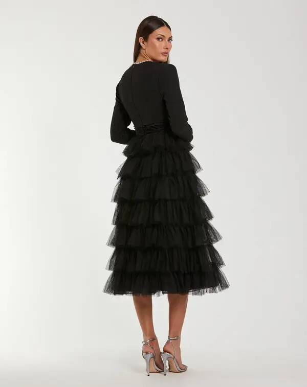 Mac Duggal Crystal Trim Long Sleeve Tiered Tulle Midi Dress