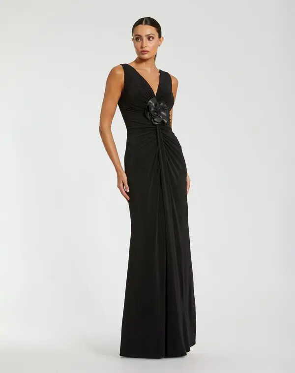Mac Duggal Sleeveless V-neck Gown With 3d Flower And Ruched Detailing