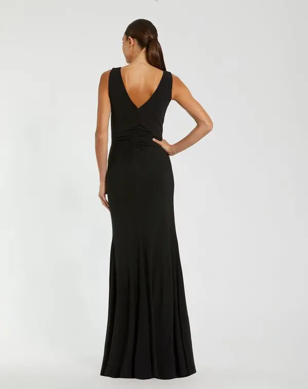 Mac Duggal Sleeveless V-neck Gown With 3d Flower And Ruched Detailing