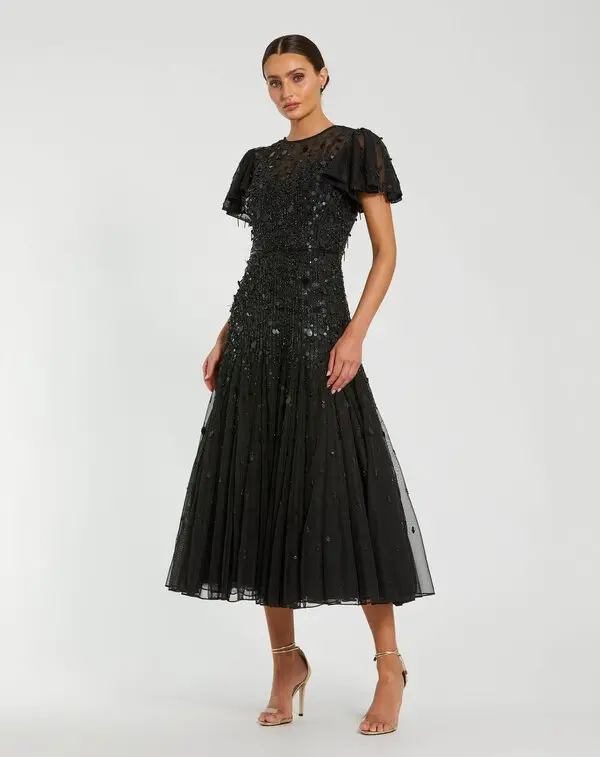Mac Duggal High Neck Flutter Sleeve Embellished Midi Dress - Black