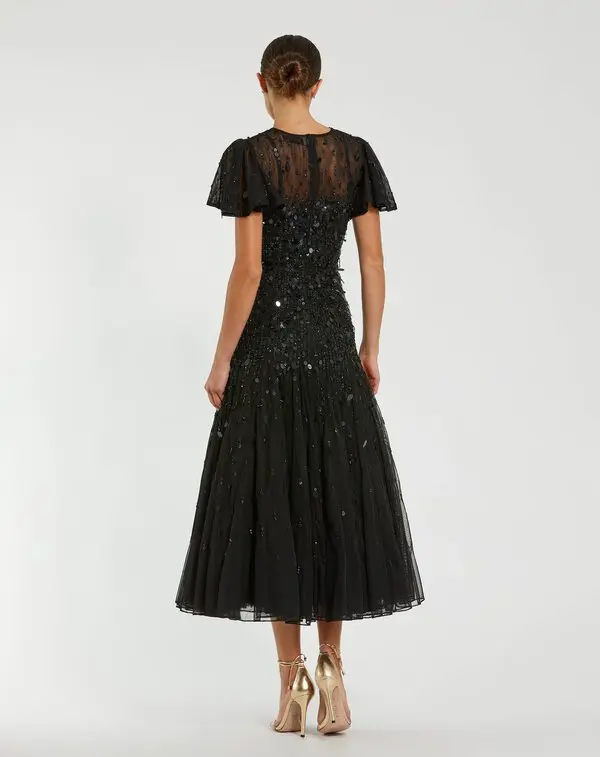 Mac Duggal High Neck Flutter Sleeve Embellished Midi Dress