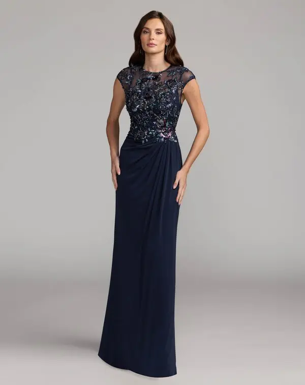 Mac Duggal Navy Embroidered Cap Sleeve Jersey Gown - Midnight Multi