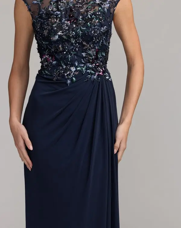 Mac Duggal Navy Embroidered Cap Sleeve Jersey Gown