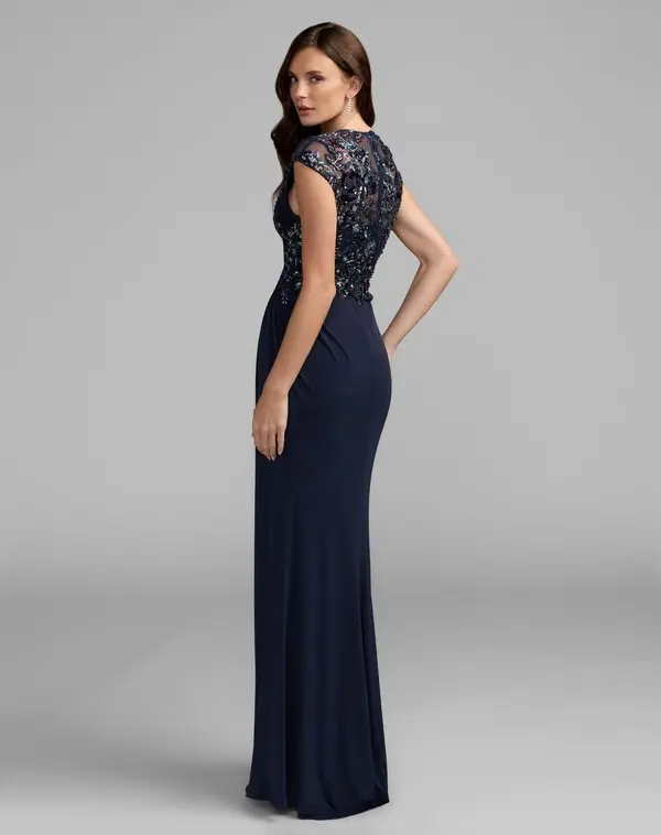 Mac Duggal Navy Embroidered Cap Sleeve Jersey Gown