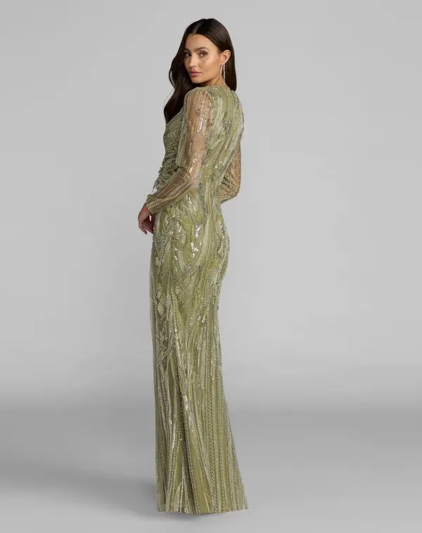 Mac Duggal Green Hand Embellished V-neck Column Gown