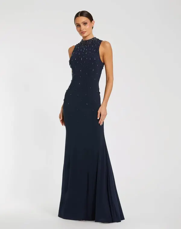 Mac Duggal Embellished Sleeveless Crepe Gown - Navy