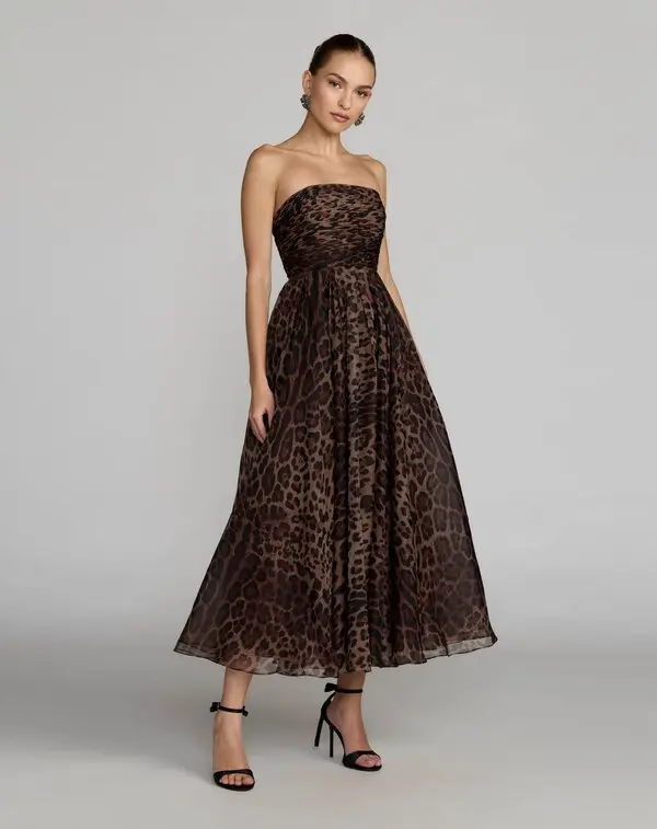 Mac Duggal Strapless A-line Chiffon Midi Dress - Leopard
