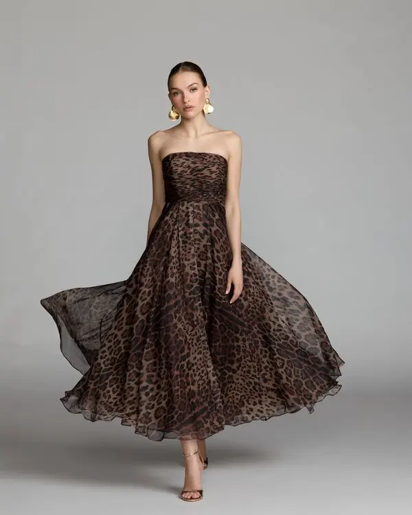 Mac Duggal Strapless Ruched Bodice A-line Chiffon Midi Dress