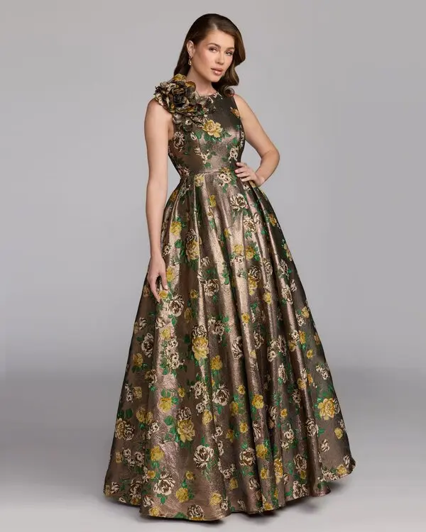 Mac Duggal Metallic Floral Brocade Ball Gown With 3d Rosette - Gold
