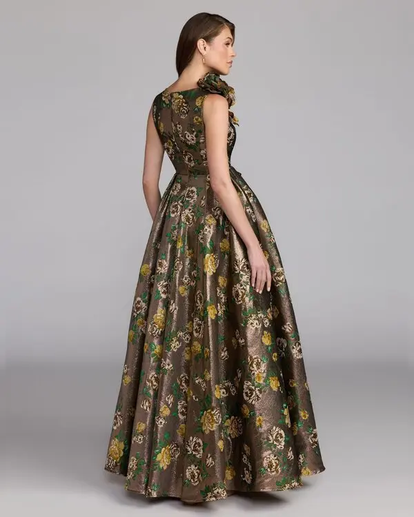 Mac Duggal Metallic Floral Brocade Ball Gown With 3d Rosette