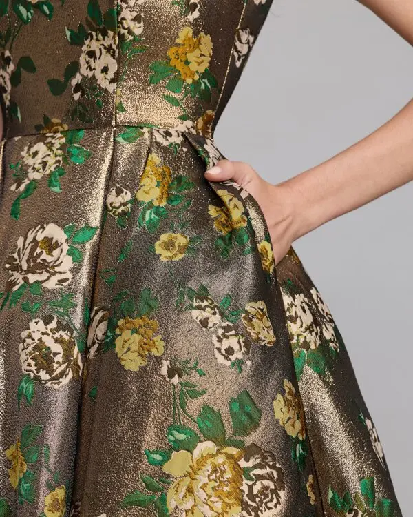 Mac Duggal Metallic Floral Brocade Ball Gown With 3d Rosette