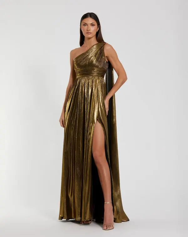 Mac Duggal Petite Metallic One Shoulder Gown With Slit