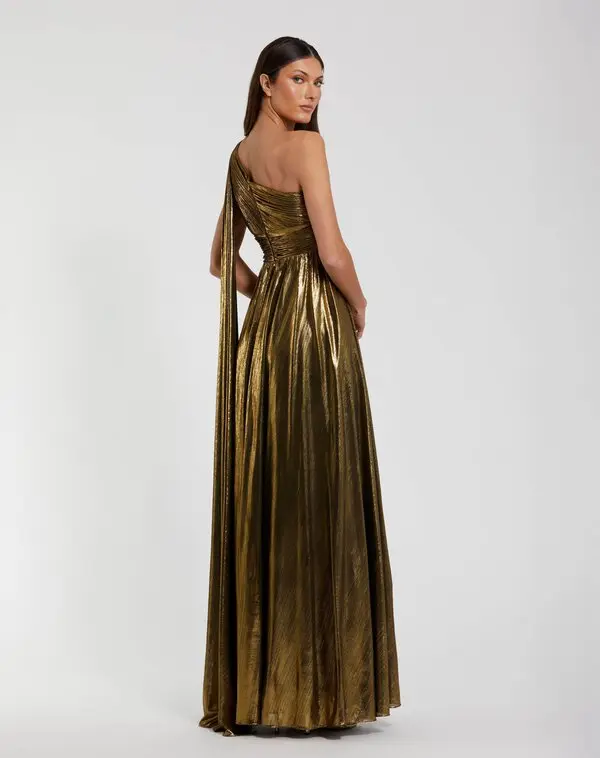 Mac Duggal Petite Metallic One Shoulder Gown With Slit