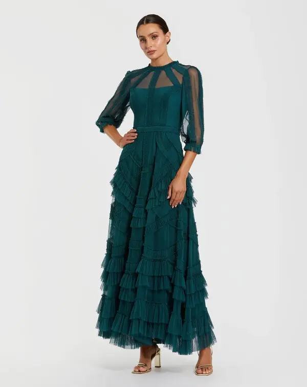 Mac Duggal Petite Teal High Neck Tiered Ruffle Maxi Gown