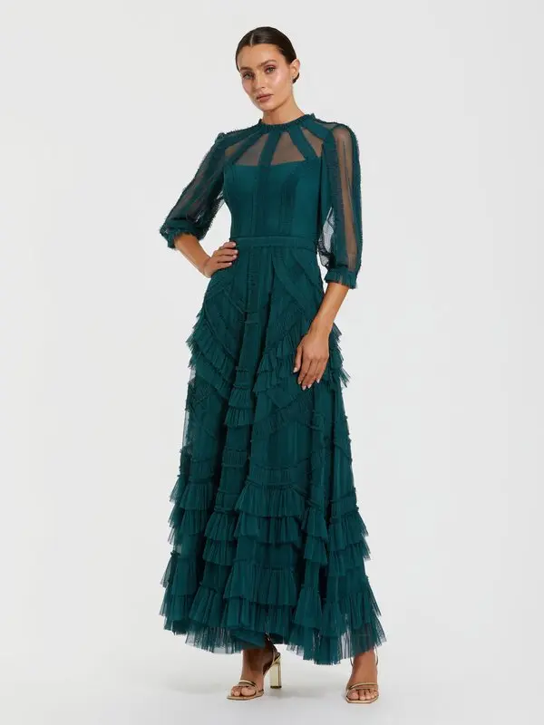 Mac Duggal Petite Teal High Neck Tiered Ruffle Maxi Gown - Blue