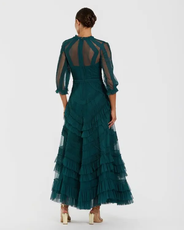 Mac Duggal Petite Teal High Neck Tiered Ruffle Maxi Gown