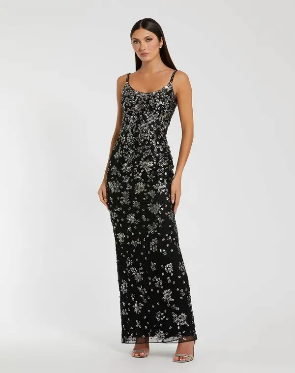 Mac Duggal Floral Embellished Scoop Neck Evening Gown - Black