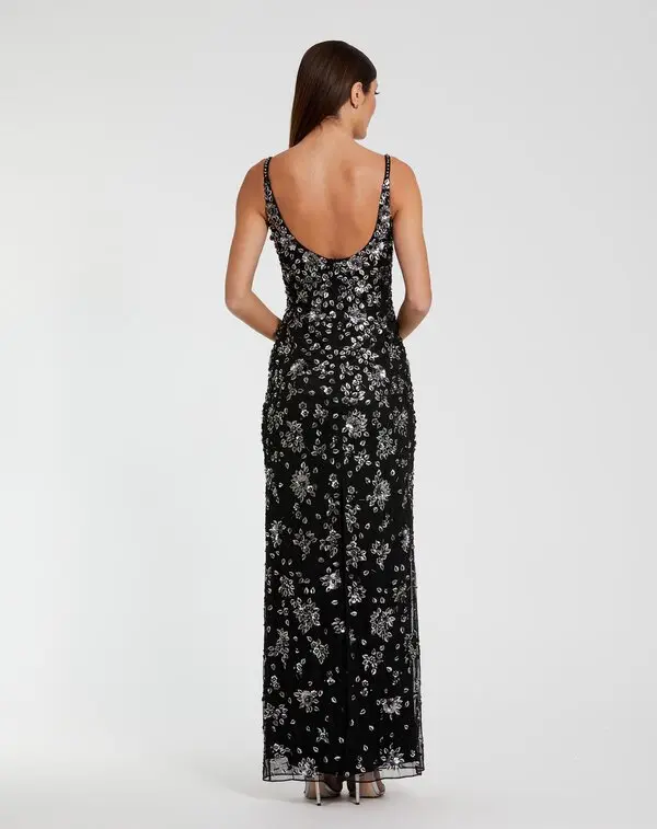 Mac Duggal Floral Embellished Scoop Neck Evening Gown - Black