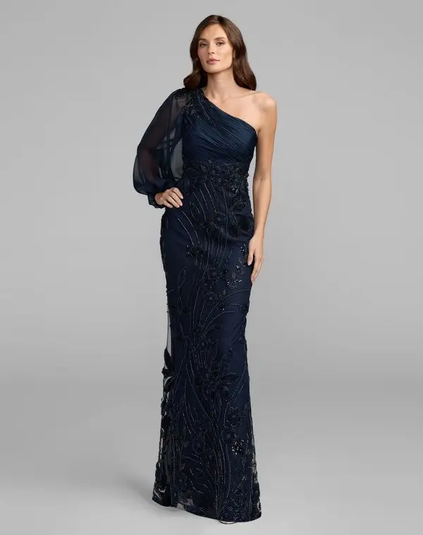Mac Duggal One Sleeve Embellished Chiffon Gown - Navy