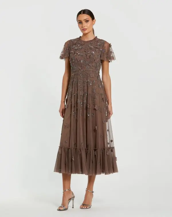 Mac Duggal Embellished High Neck Flutter Sleeve A Line Dress - Brown
