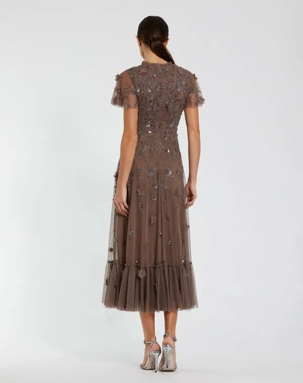 Mac Duggal Embellished High Neck Flutter Sleeve A Line Dress