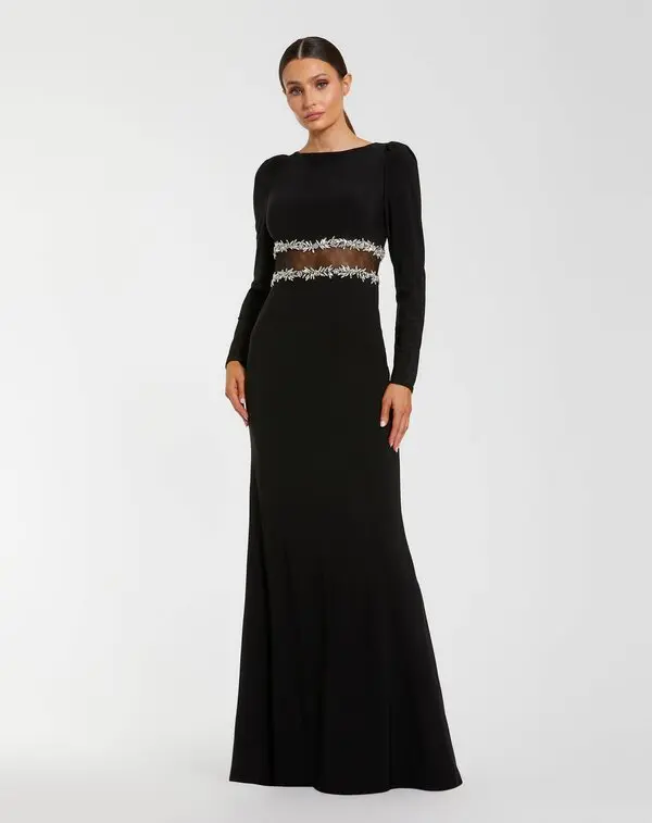 Mac Duggal Long Sleeve Jersey Gown With Jewel Detail - Black