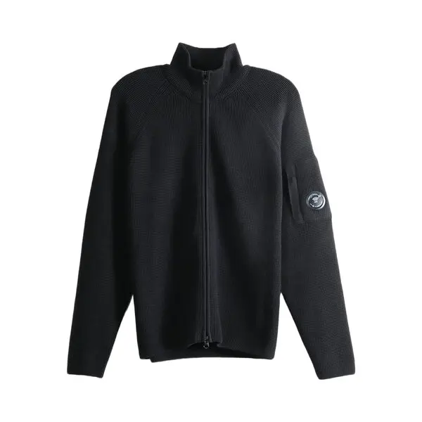 C.P. COMPANY Waffle Knit Cotton Zip Lens Cardigan - Black